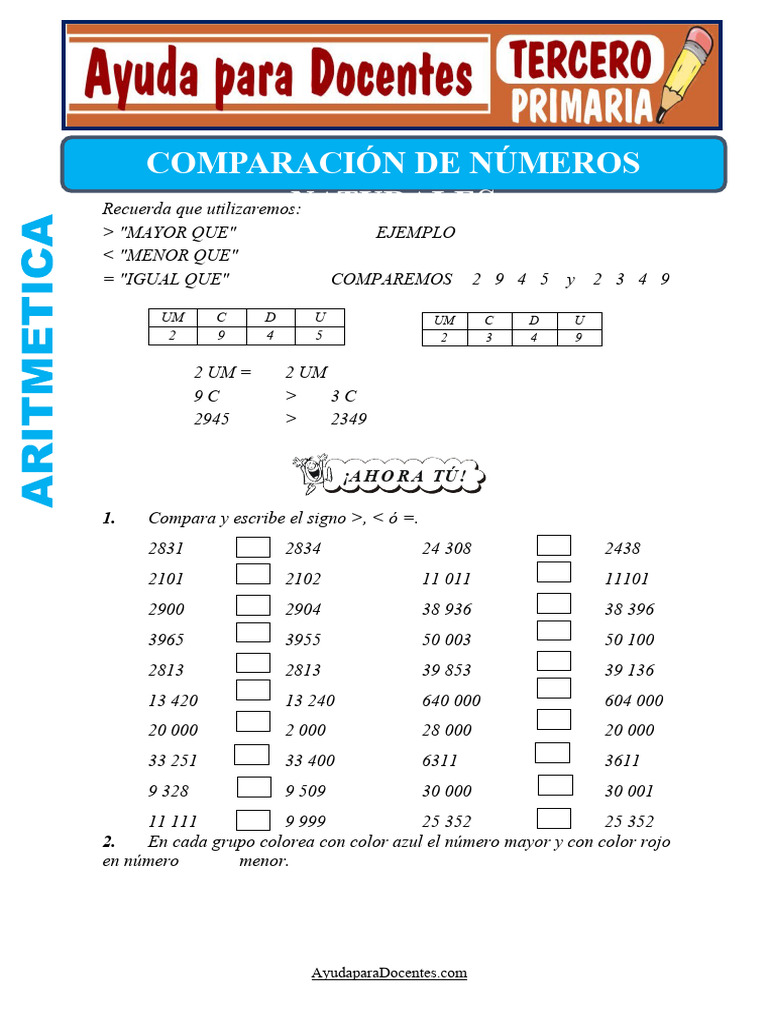 Fichas de Comparacion de Numeros Naturales para Tercero de Primaria | PDF