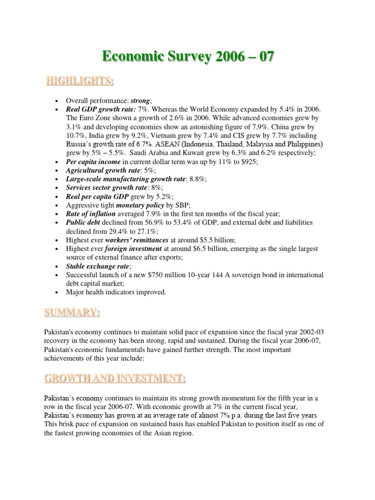 Pakistan Economic Survey 2006-07 Highlights | PDF | Government Budget ...