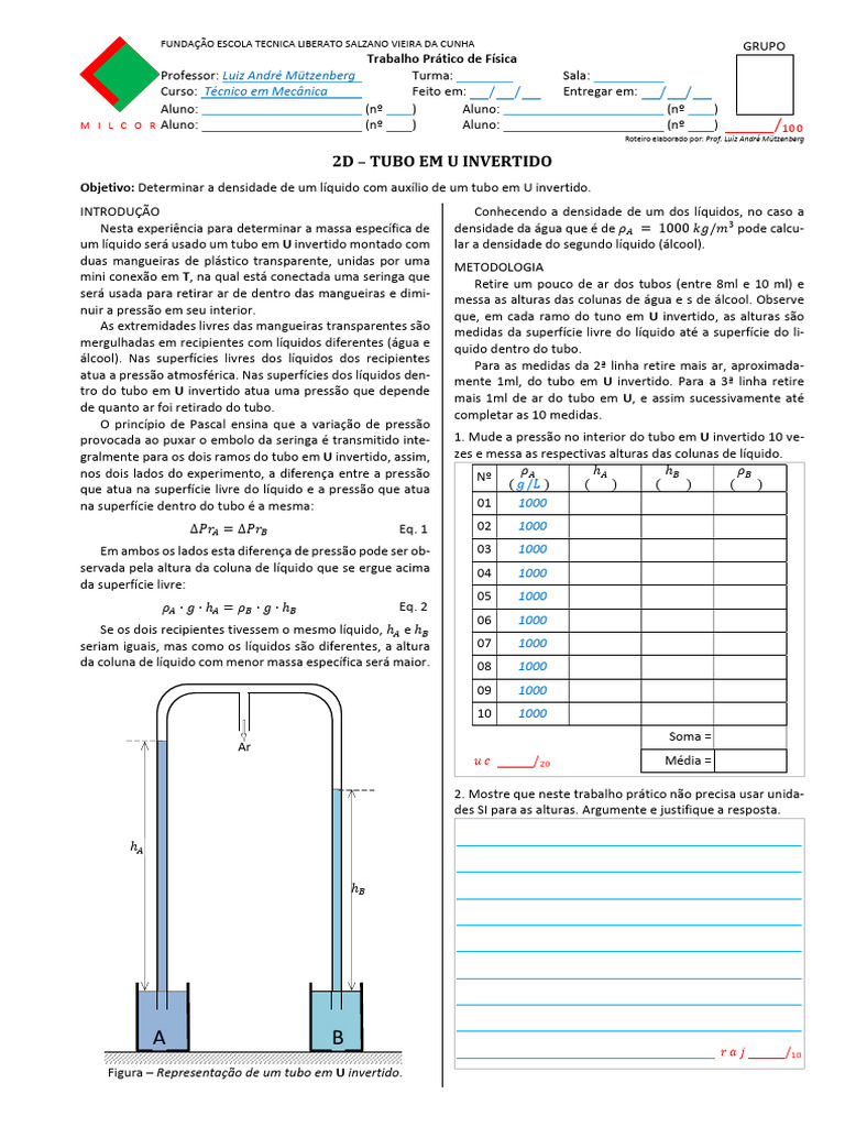 Lab 2D Tubo em U Invertido | PDF | Pressão | Densidade