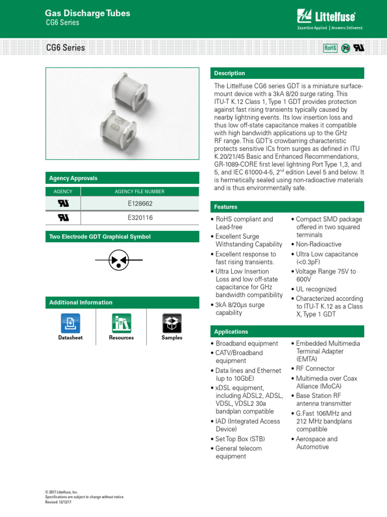 Littelfuse GDT CG6 Datasheet PDF | PDF | Electromagnetism | Electric Power