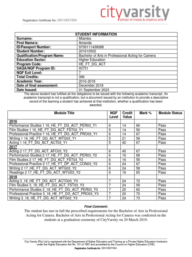 Academic Transcripts Amanda Mtambo | PDF