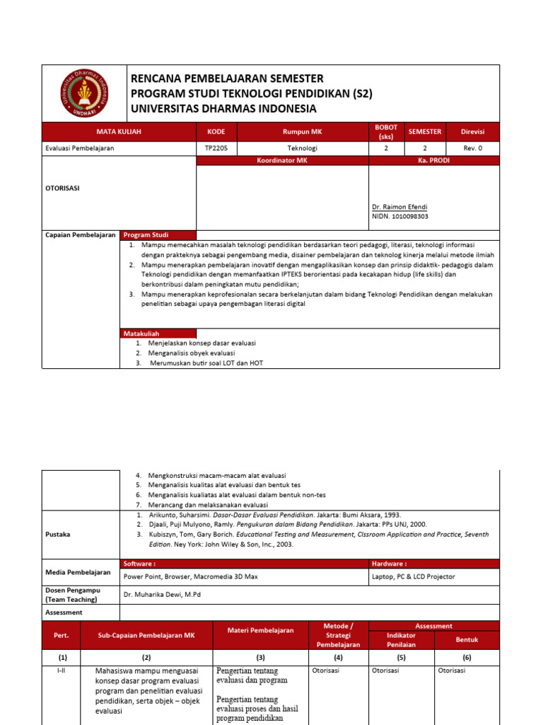 RPS Evaluasi Pembelajaran | PDF