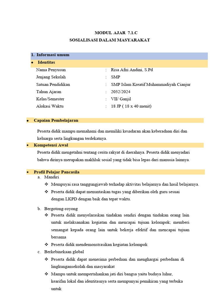 MODUL AJAR 7.1.C SOSIALISASI MELALUI MASYARAKAT. 1. Informasi Umum ...