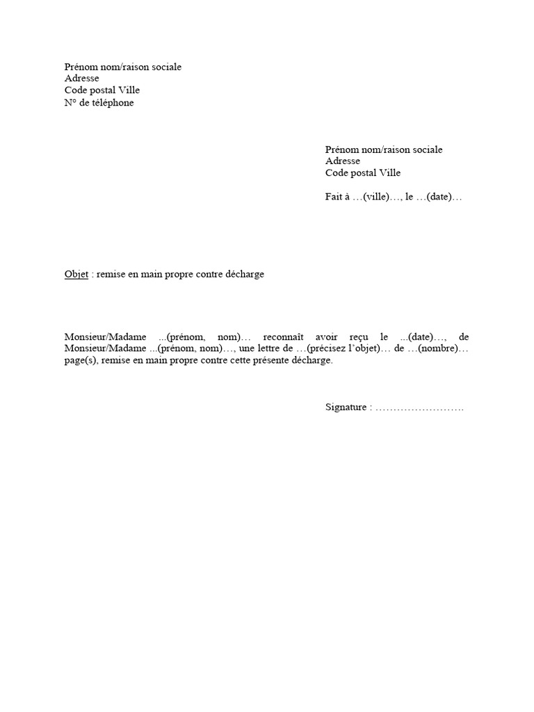 Modele de Lettre Pour Remise en Main Propre Contre Decharge | PDF