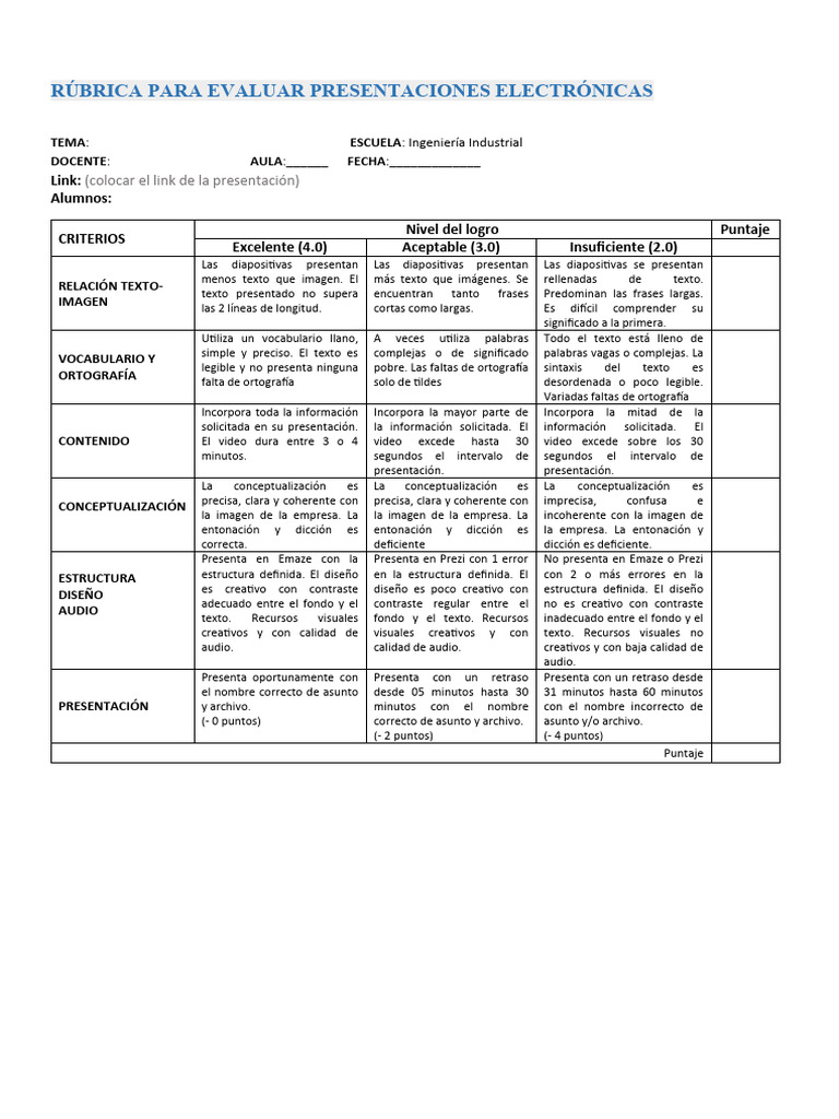 Rúbrica para Evaluar Presentaciones Electrónicas Pausas Activas | PDF