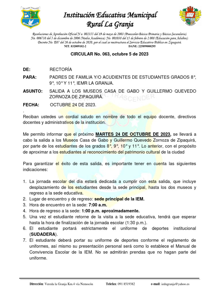 Circular A Padres No. 063 Octubre 5 de 2023 | PDF | Ciencias sociales | Hogar, jardinería y ...