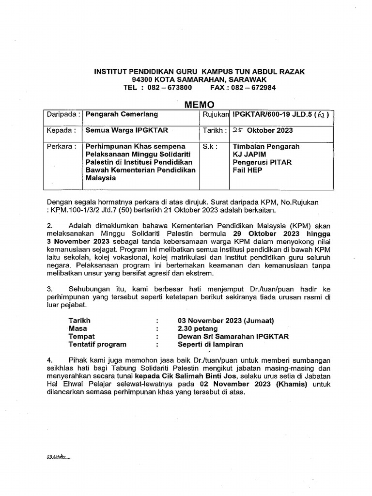 Memo Jemputan Ke Perhimpunan Khas Solidariti Paletine | PDF
