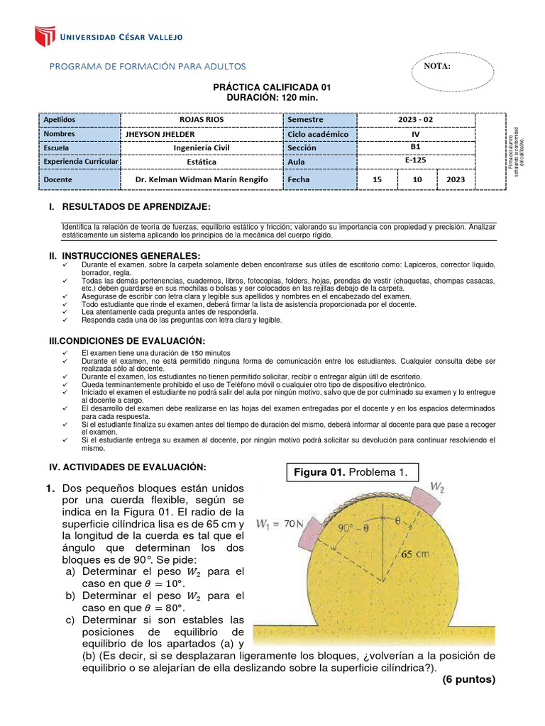 S05 2023-02 Practica Calificada 01 - ESTATICA SUBE - JHEYSON ROJAS RIOS | PDF