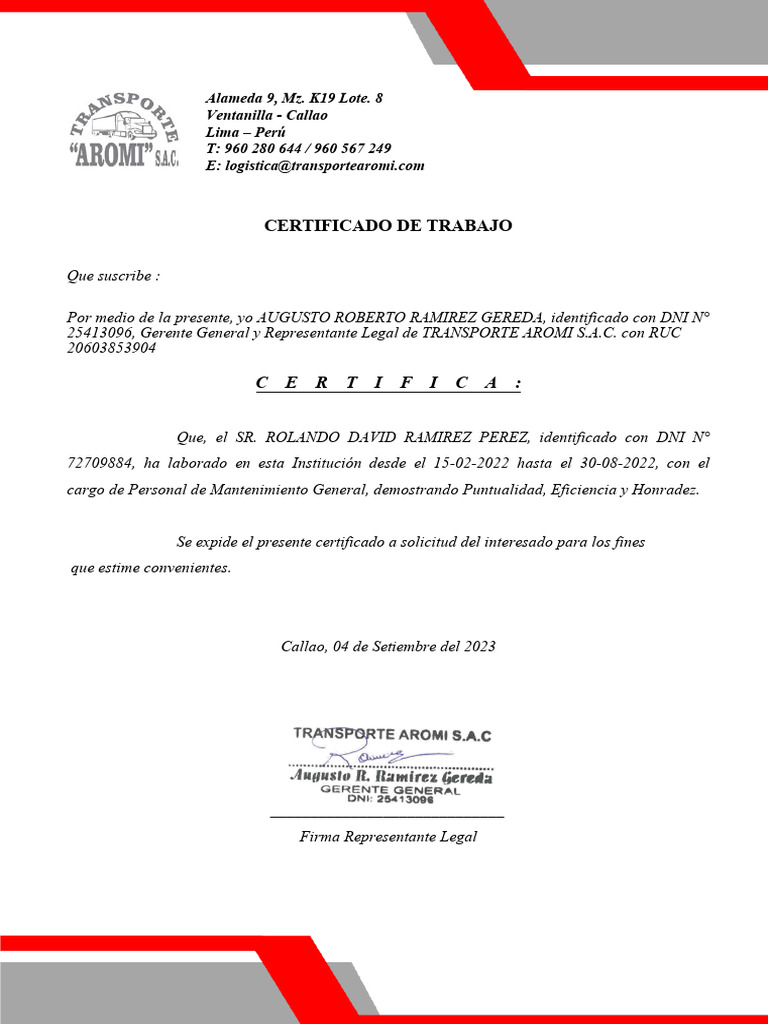 CERTIFICADO DE TRABAJO (Rolando Ramirez) | PDF