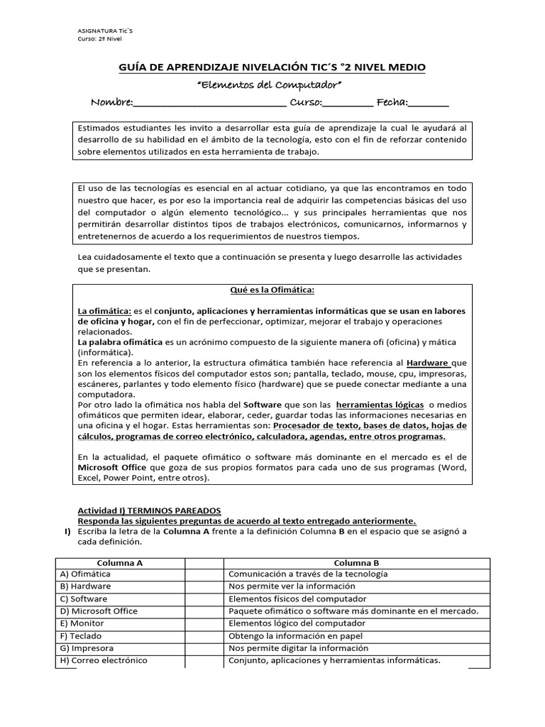 Guia 1 Tics Pdf Hardware De La Computadora Sistema Operativo