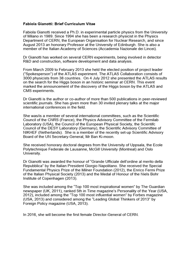 CV Fabiola Gianotti | PDF | Particle Physics | Quantum Field Theory