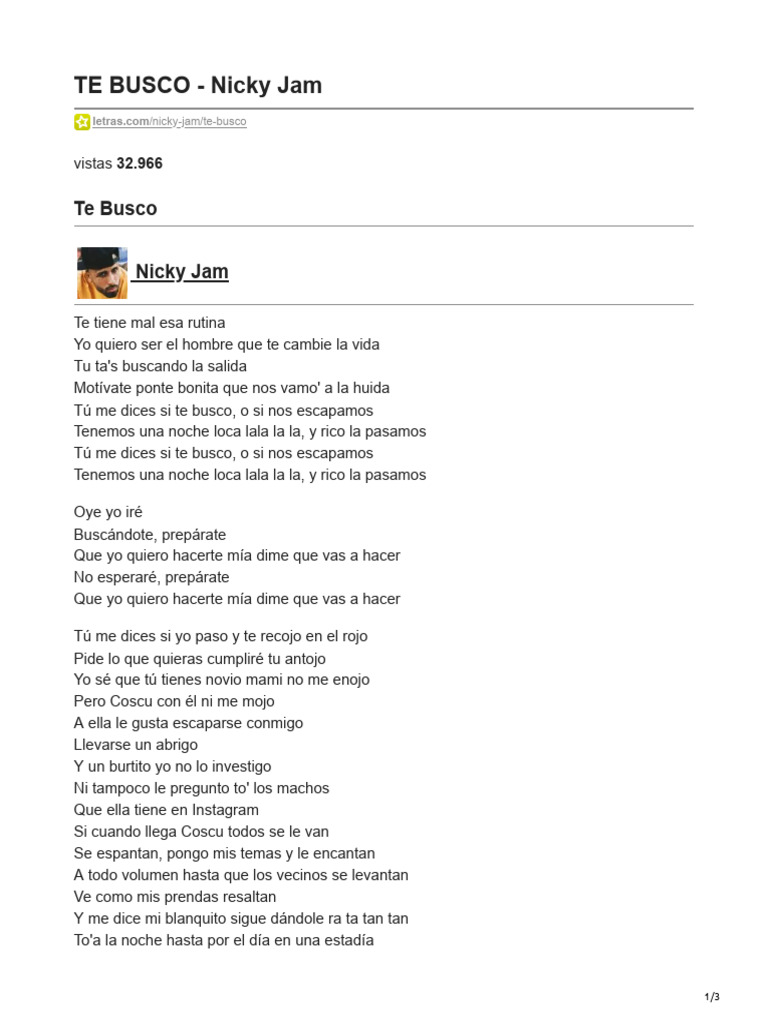 Letra de "Te Busco" - Nicky Jam | PDF | Novela negra, policíaca y suspenso