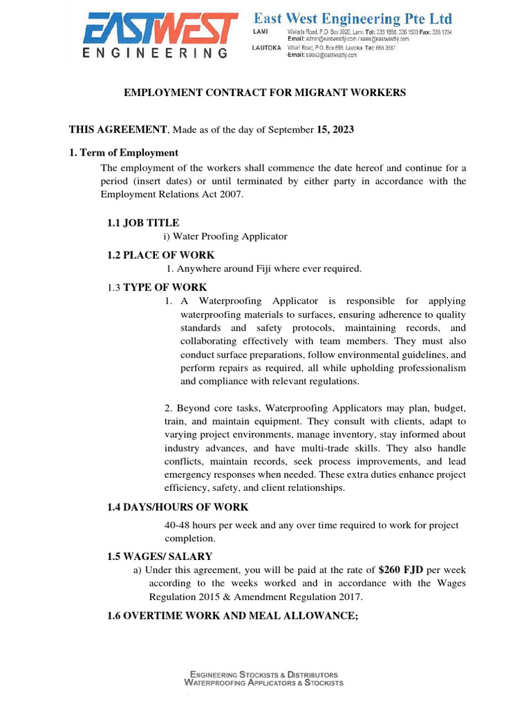Employment Contract MD Sohag Dolan - East West Engineering Pte LTD | PDF | Overtime | Employment