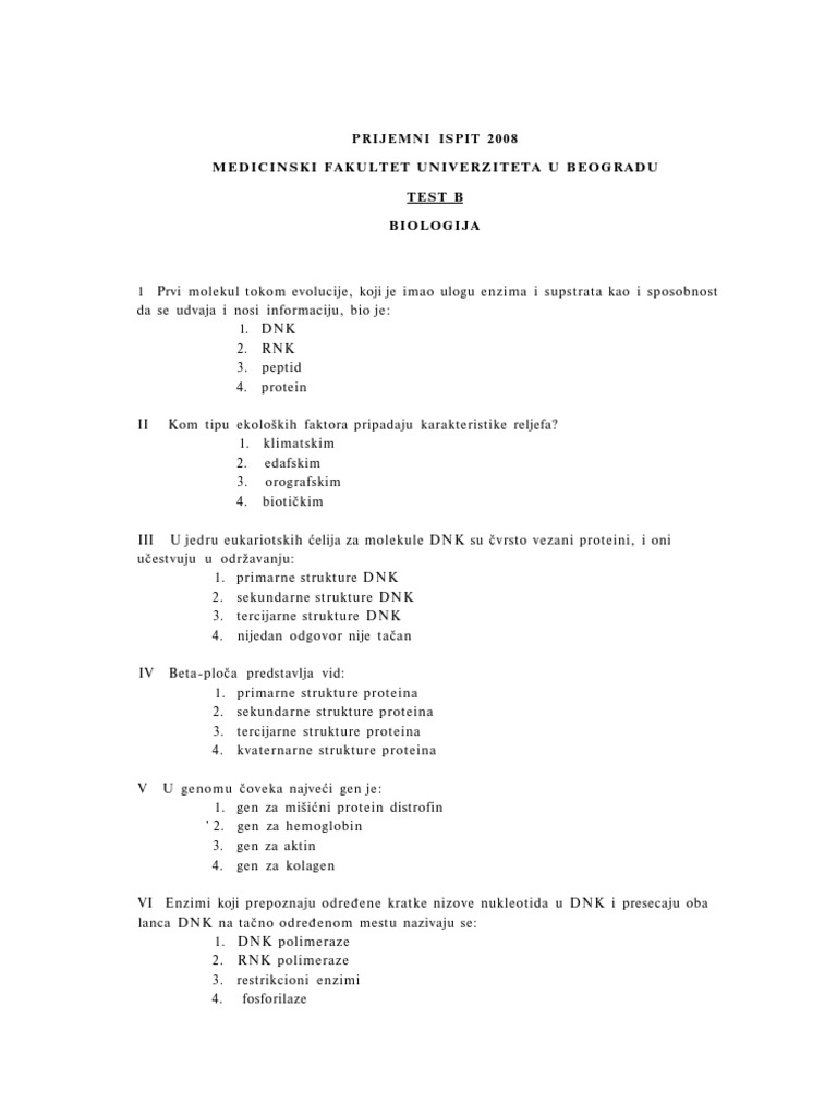 Prijemni ispit 2009 biologija MEDICINSKI FAKULTET