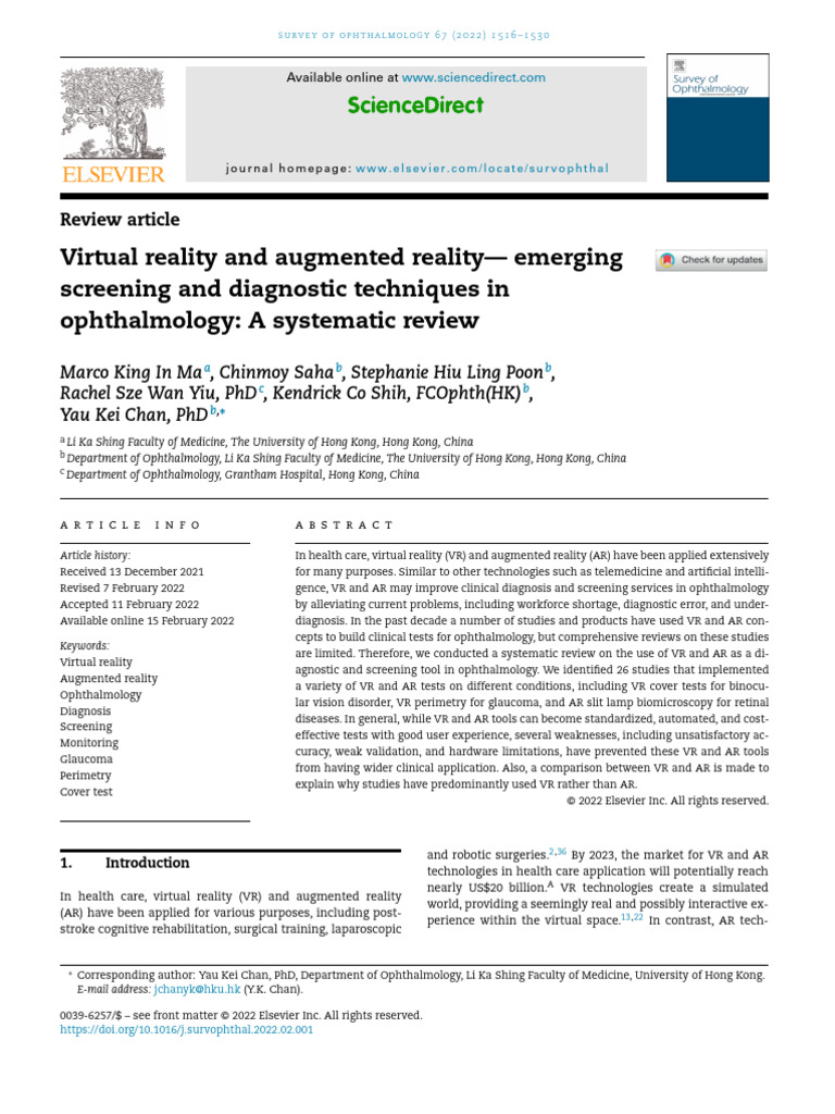 Virtual Reality and Augmented Reality - Emerging Screening and Diagnostic Techniques in ...