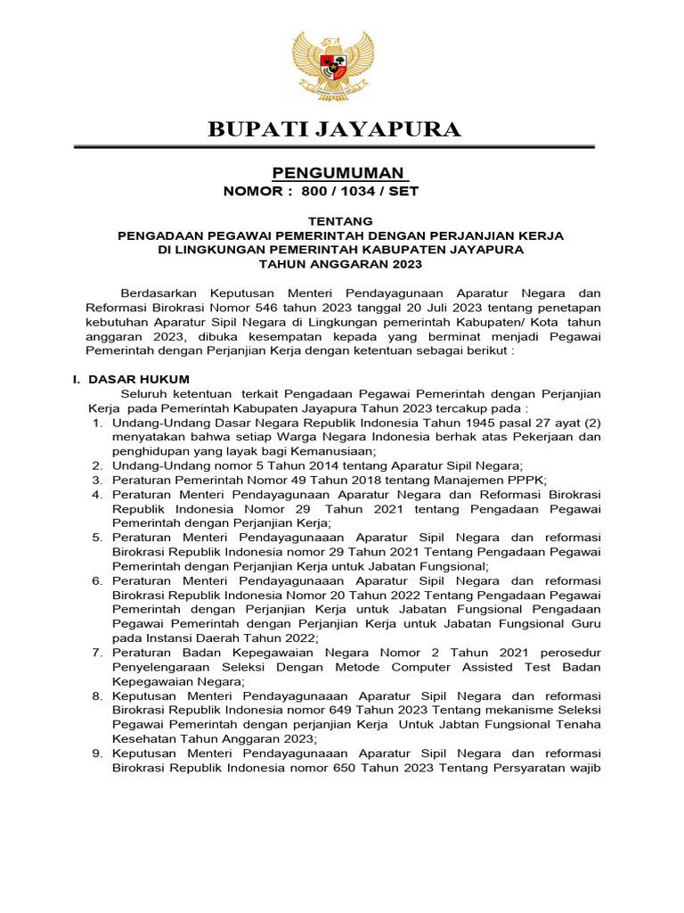 Pengumuman Pengadaan PPPK Tahun 2023 | PDF