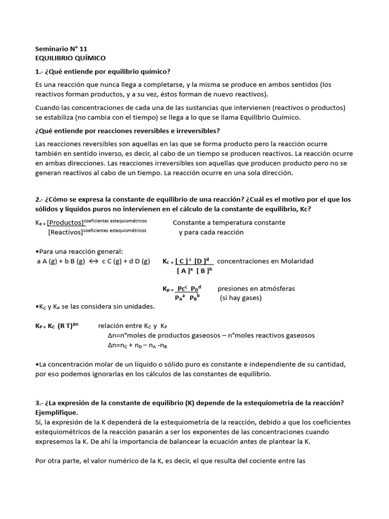Seminario N°11 Equilibrio Químico Problemas Resueltos Completo Pdf
