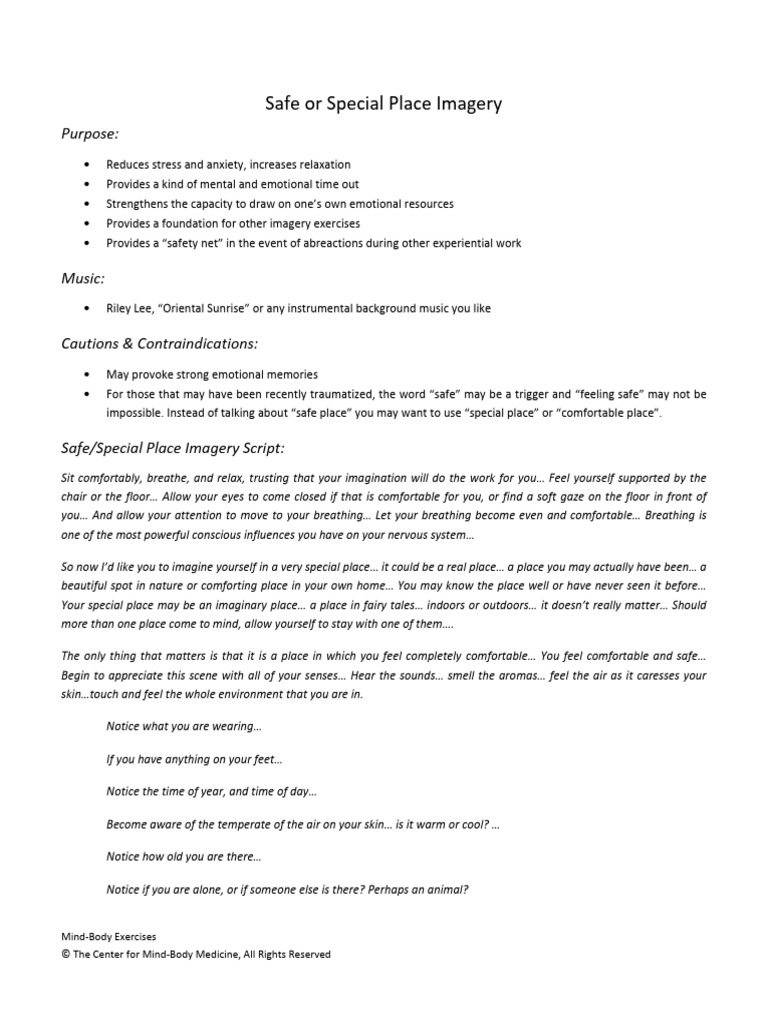 Safe Place Imagery Script | PDF | Imagination | Neuroscience Safe Place Imagery Script | PDF | Imagination | Neuroscience