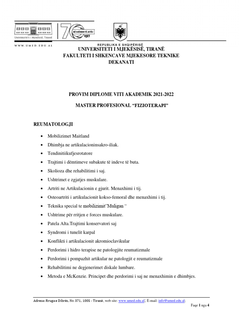 MP Fizioterapi Temat Provim Diplome Viti Akademik 2021 2022 | PDF