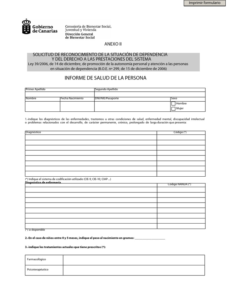 Solicitud Reconocimiento Dependencia Gob. Canarias | PDF | Enfermería | Epidemiología