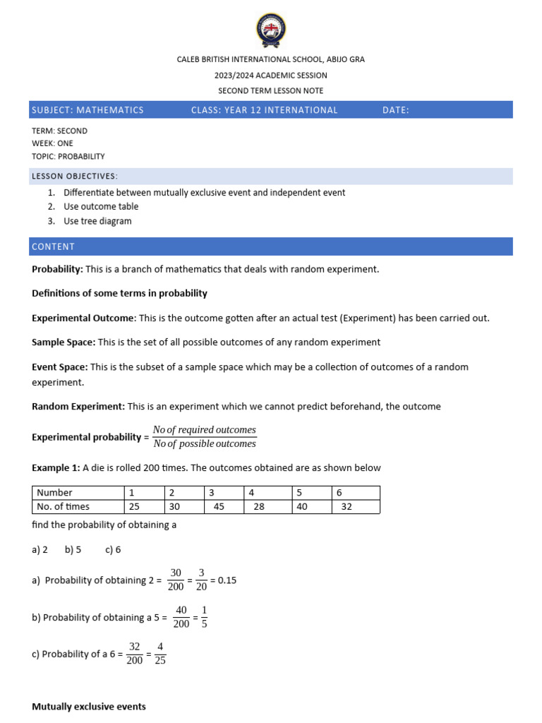Grade 12 Probability Lesson Notes | PDF | Experiment | Probability