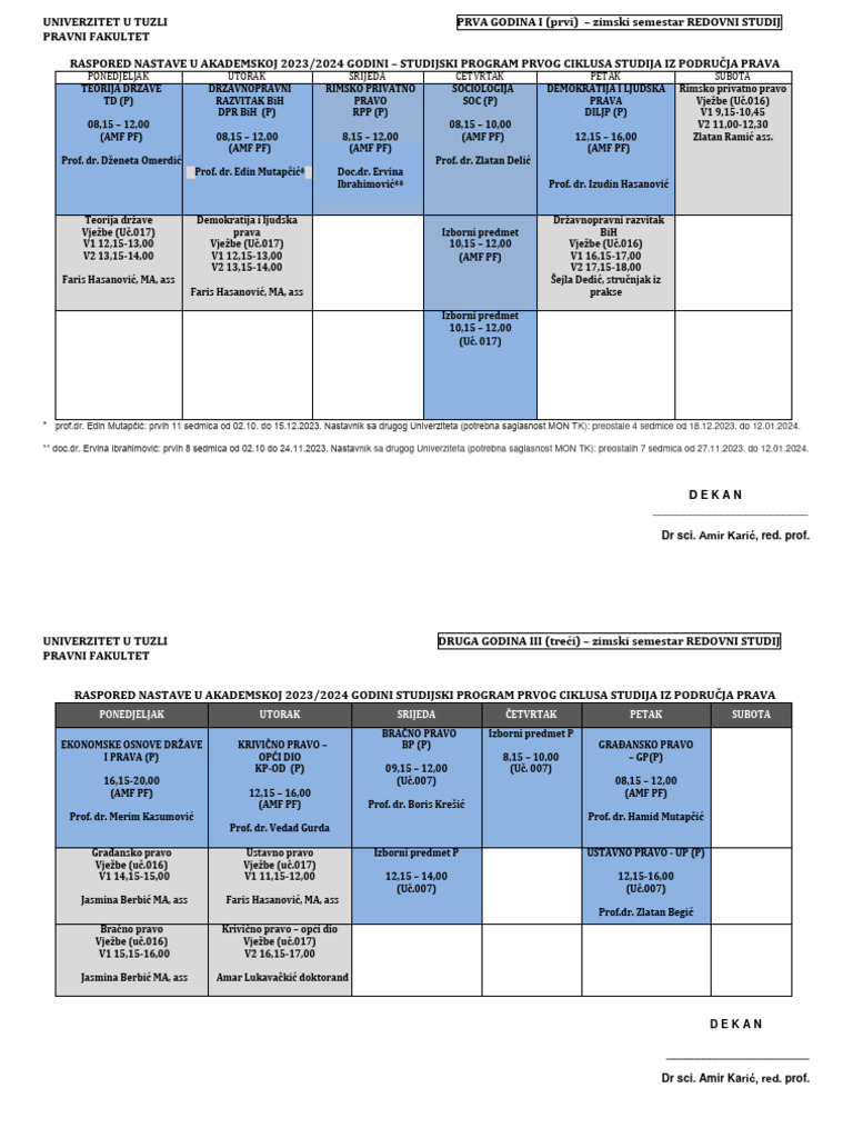 Raspored Pravni Fakultet ZIMSKI SEMESTAR REDOVNI STUDIJ 2023 2024 | PDF