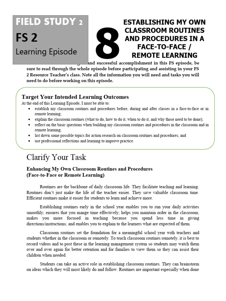 FS 2 Learning Episode 8 | PDF | Classroom | Distance Education