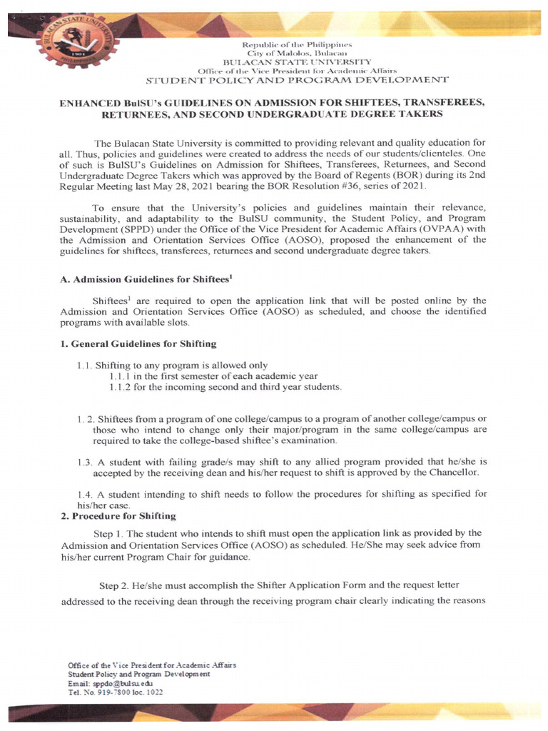 Enhanced BulSUs Guidelines On Admission For Shiftees Transferees ...
