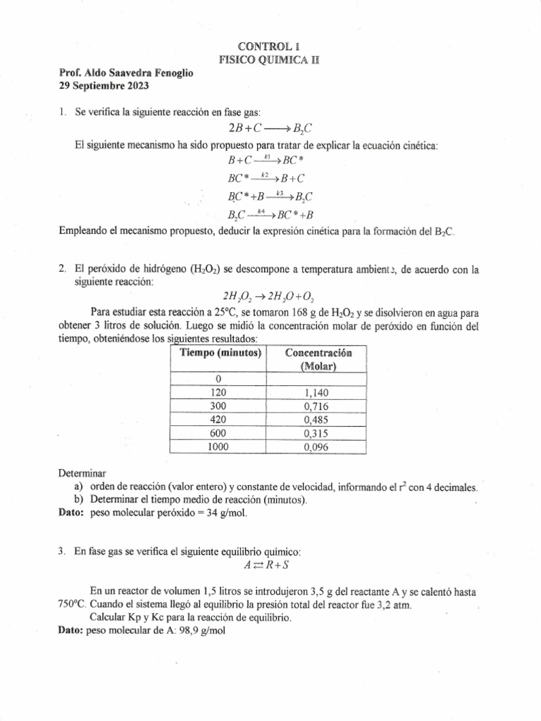 Control 1 FQII Con Problemas Resueltos | PDF | Equilibrio químico | Cinética química