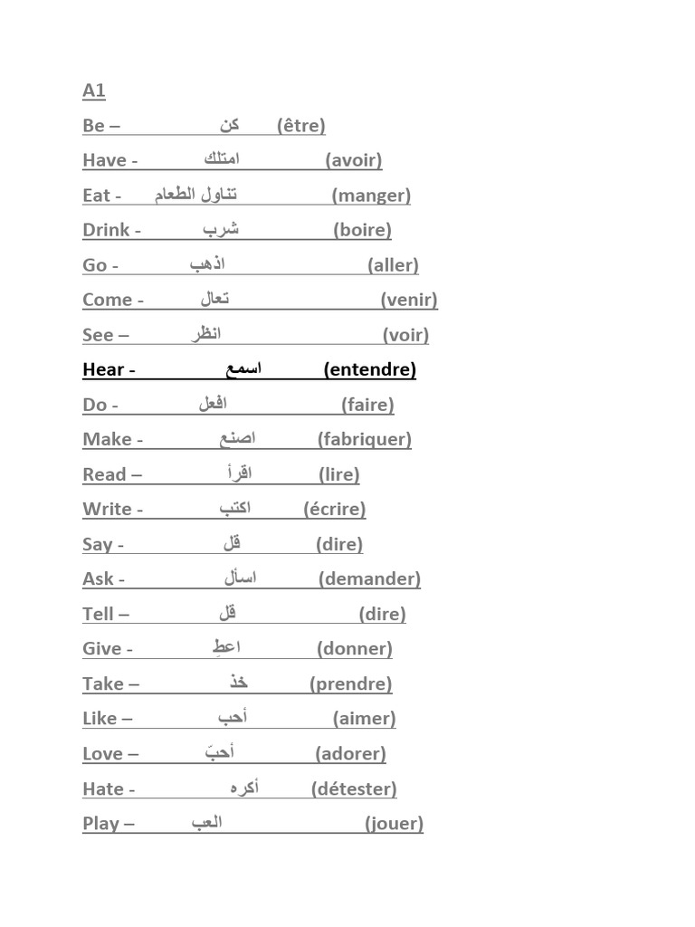 Liste de verbes en arabe et anglais | PDF