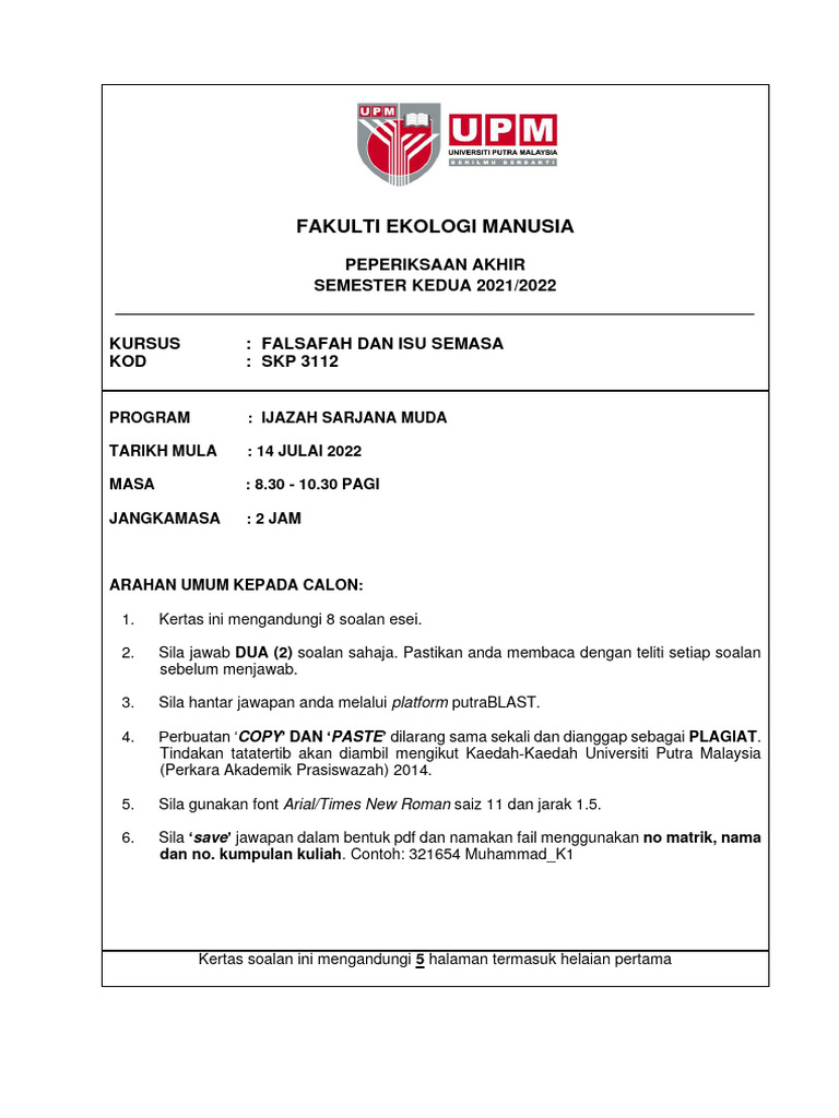 Soalan Peperiksaan Akhir SKP 3112 Falsafah Dan Isu Semasa Sem 2 20212022 | PDF