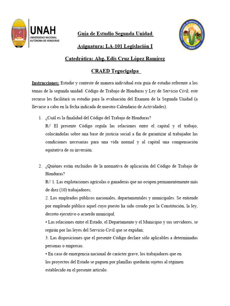 Guía de Estudio Segunda Unidad LA-101 Legislación I | PDF
