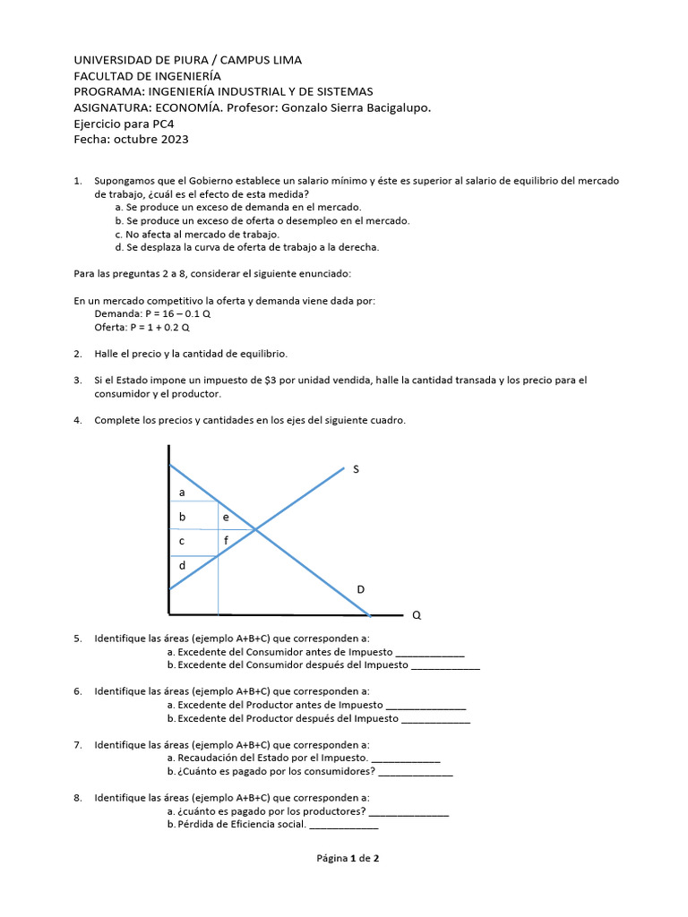 ECO UDEP Ejercicios para PC4 2023 | PDF | Oferta y demanda | Excedente económico