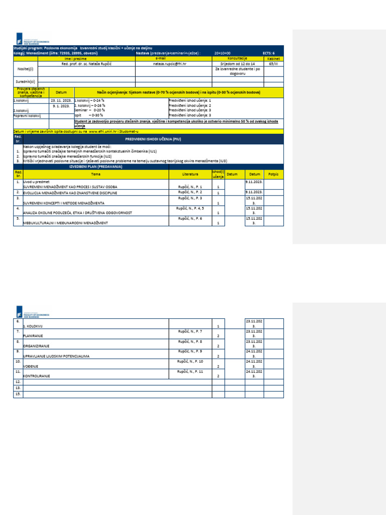 Izvedbeni Plan Menadzment Izv 2023 2024 | PDF