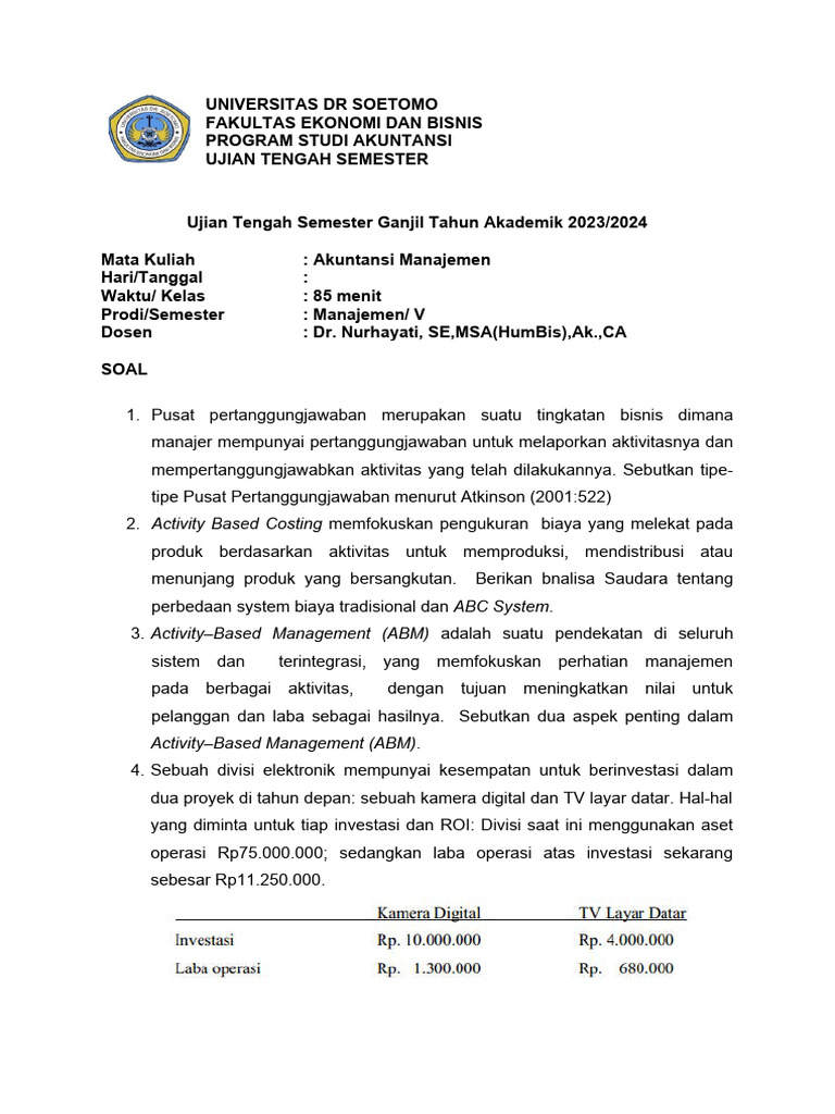 Soal Uts Akuntansi Manajemen Gasal 2023-2024 | PDF