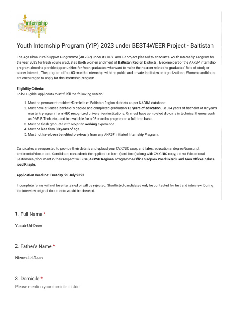 Youth Internship Program (YIP) 2023 Under BEST4WEER Project - Baltistan ...