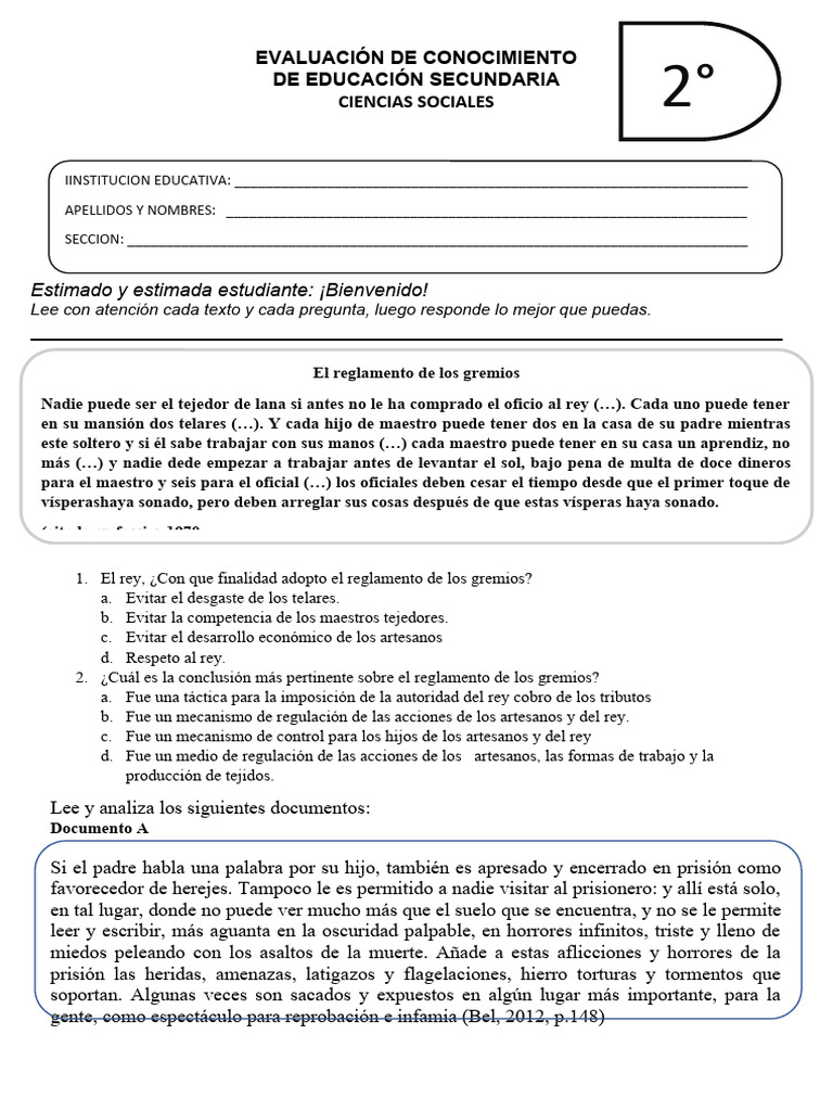 Evaluación de Ciencias Sociales Secundaria | PDF | Inquisición española ...