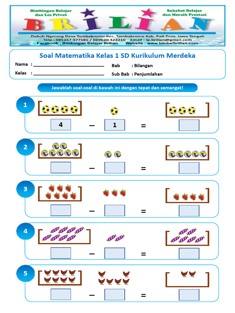 Soal Kurikulum Merdeka Kelas 1 SD Bab Bilangan Sub Bab 5 Pengurangan Bagian 1 (W | PDF