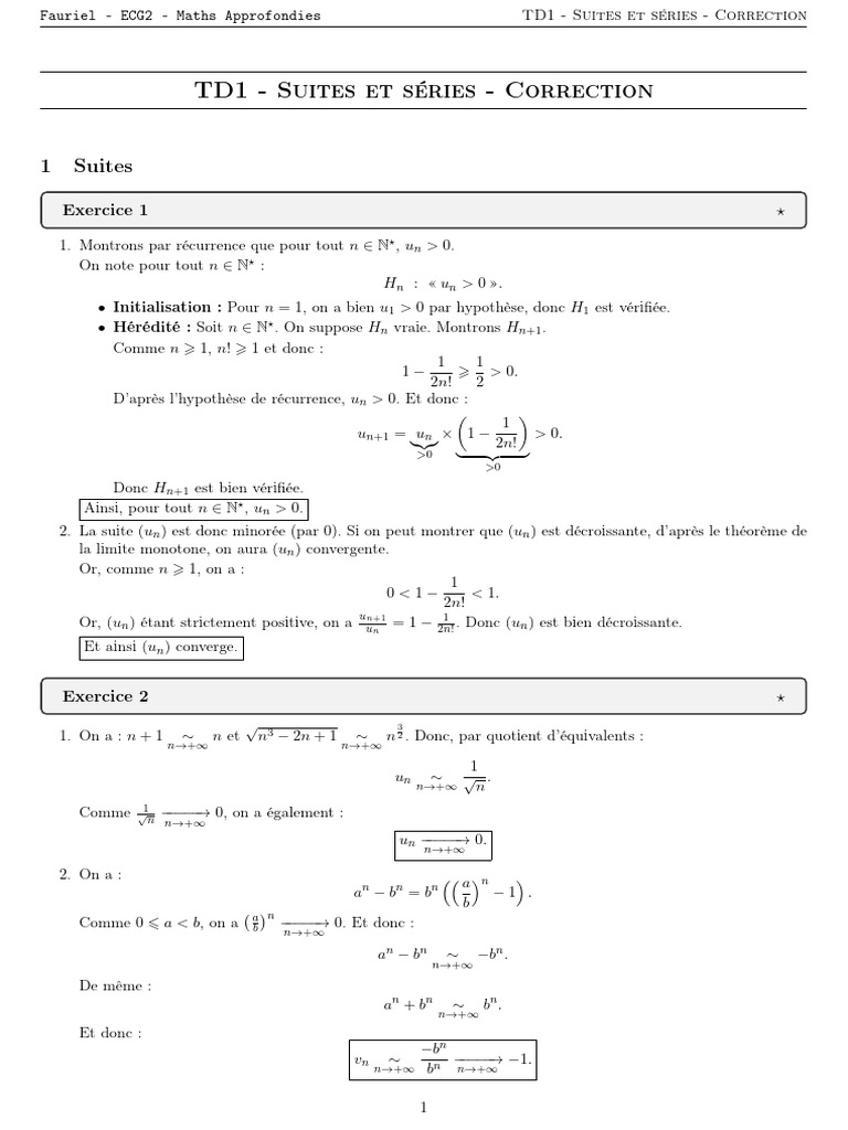 Correction TD1 - Suites et séries | PDF | Analyse réelle | Concepts ...