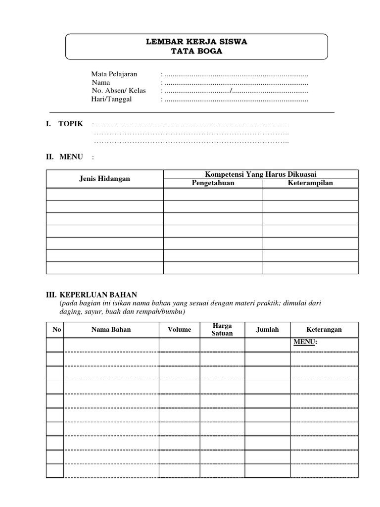Lembar Kerja Siswa Tata Boga | PDF
