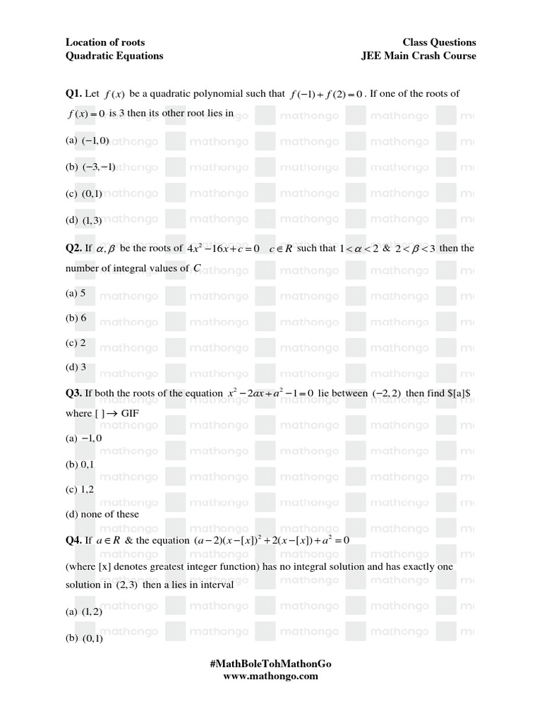 JEE Main Quadratic Roots Questions | PDF