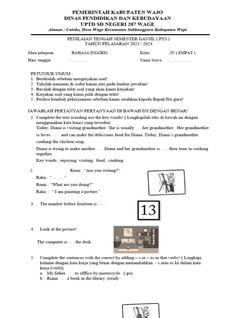Soal PTS Bahasa Inggris Kelas Iv | PDF | Seni & Disiplin Bahasa