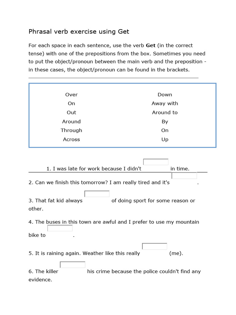 Get Phrasal Verb Exercises Worksheet | PDF