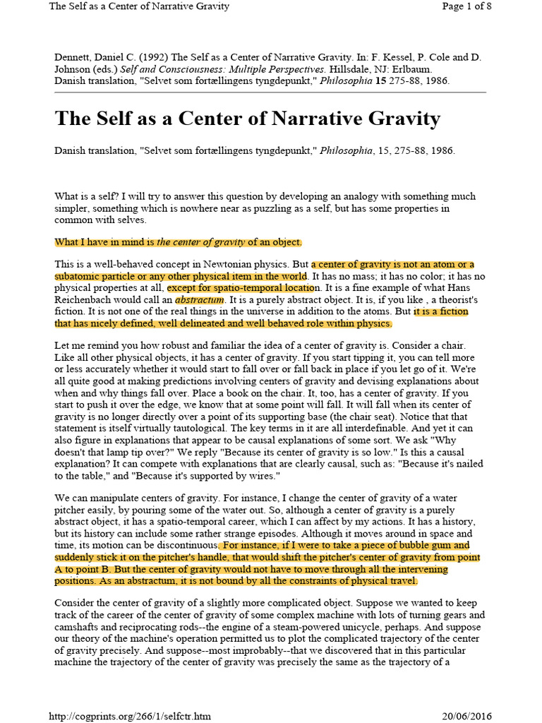 Dennett - Self As A Center of Narrative Gravity | PDF | Cognition | Cognitive Science