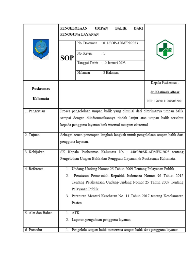 Sop Pengelolaan Umpan Balik Dari Pengguna Layanan | PDF | Teknologi & Rekayasa