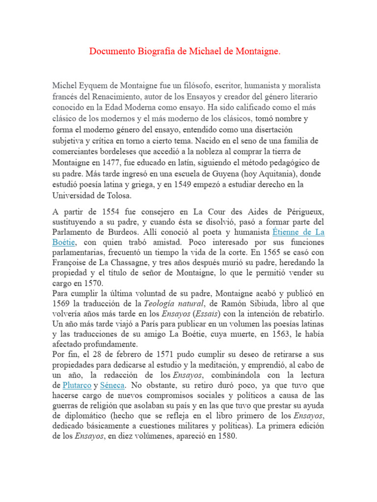 Documento Biografía de Michael de Montaigne | PDF | Michel De Montaigne ...