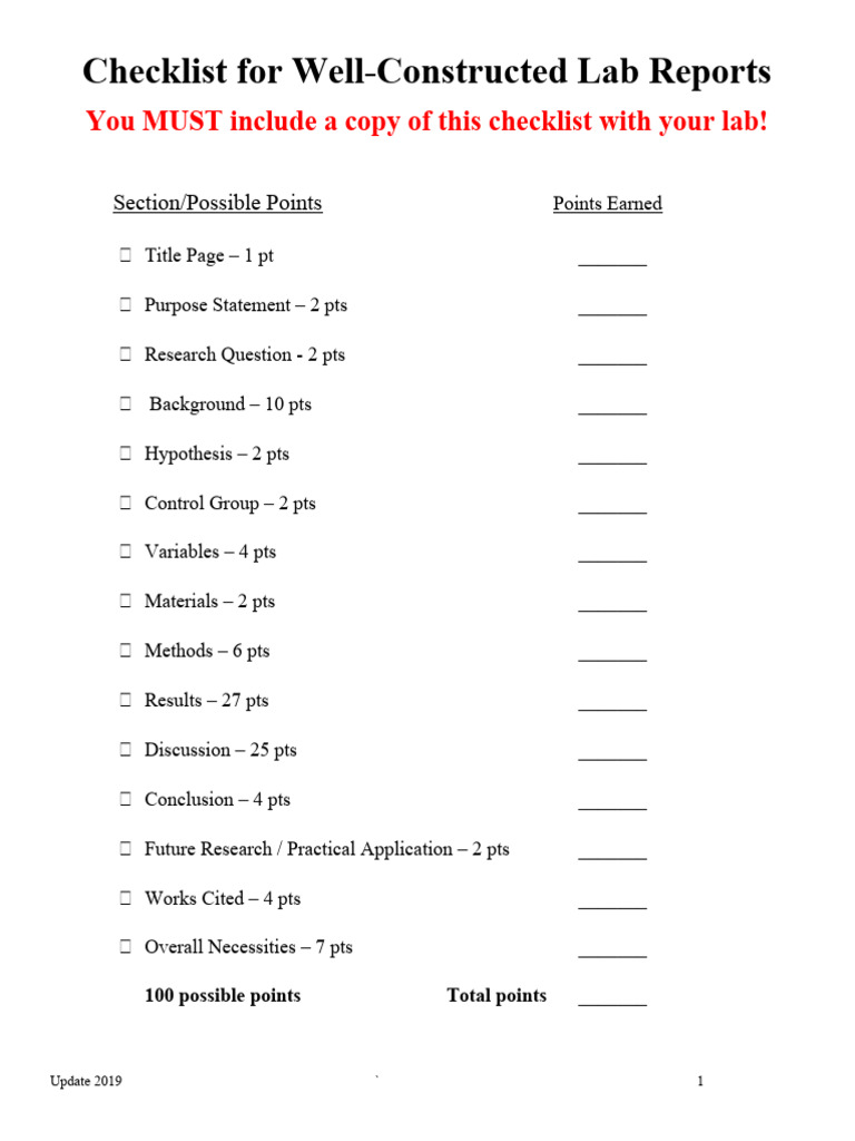 Checklist For Awesome Lab Reports | PDF | Experiment | Hypothesis