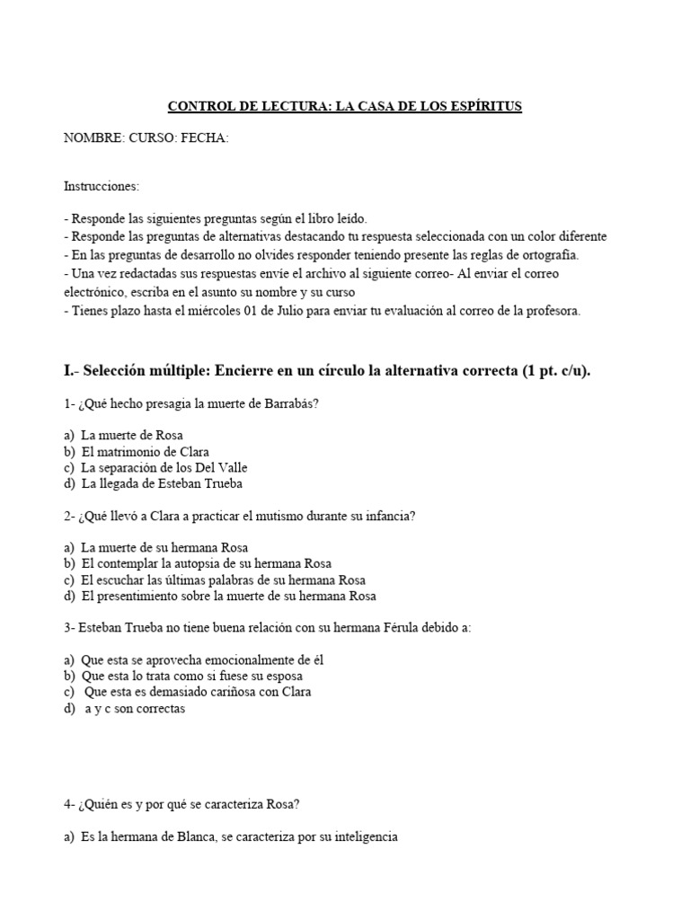 Prueba Del Libro Casa de Los Espiritus | PDF