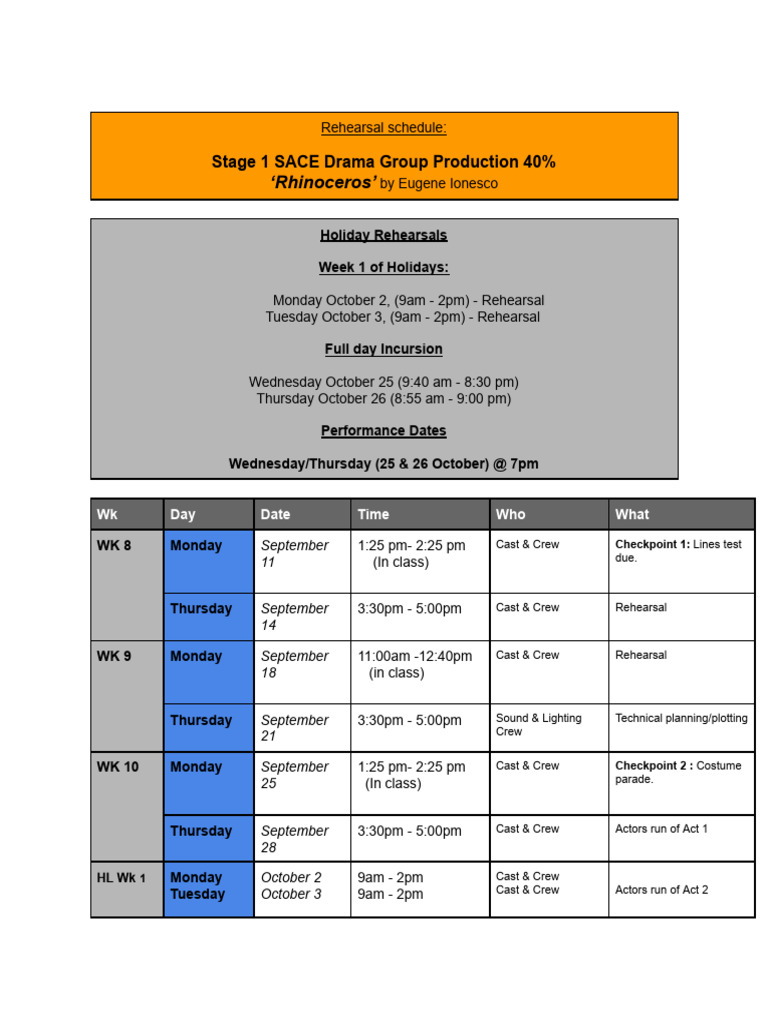 SACE Drama 'Rhinoceros' Rehearsal Schedule | PDF | Performing Arts ...