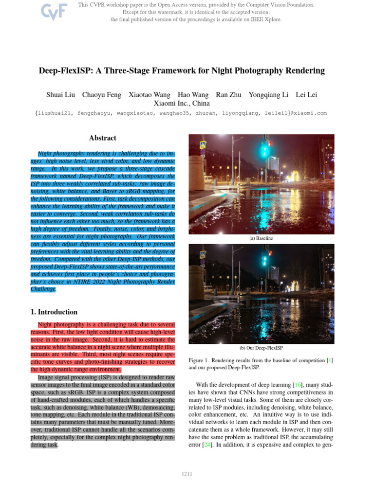Deep-FlexISP: Night Photo Rendering Framework | PDF | Color Balance | Raw Image Format
